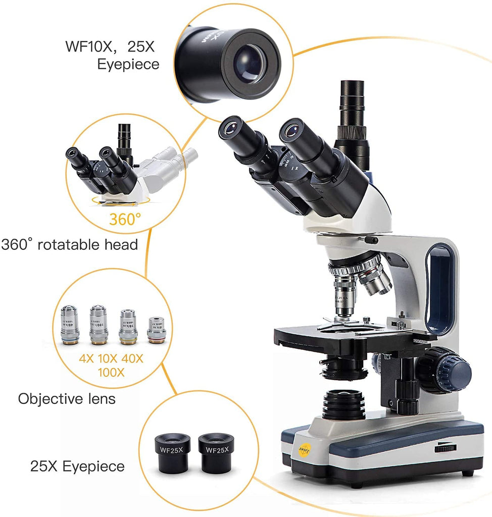 Swift SW350T Compound Trinocular Microscope,40X-2500X Magnification,Tw ...
